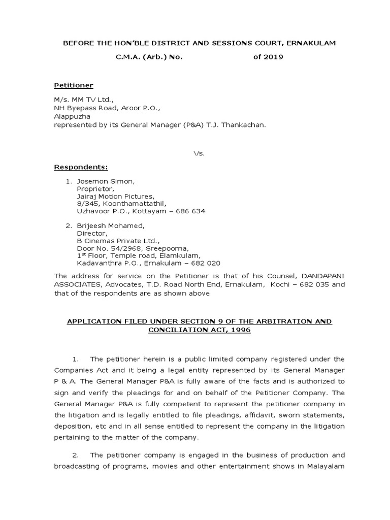 Application Filed Under Section 9 of The Arbitration and Conciliation ...