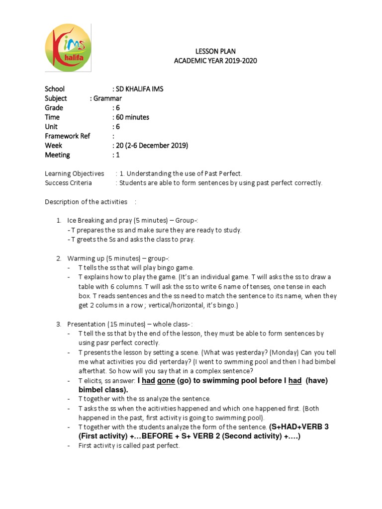 Past Perfect Lesson Plan: Teaching Sixth Graders to Form Sentences ...