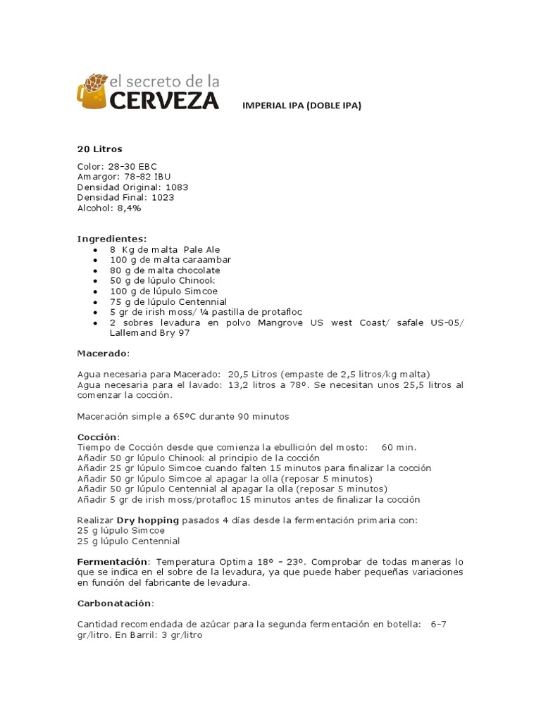 Receta de Imperial IPA de 20 Litros | PDF | Cerveza | Botella