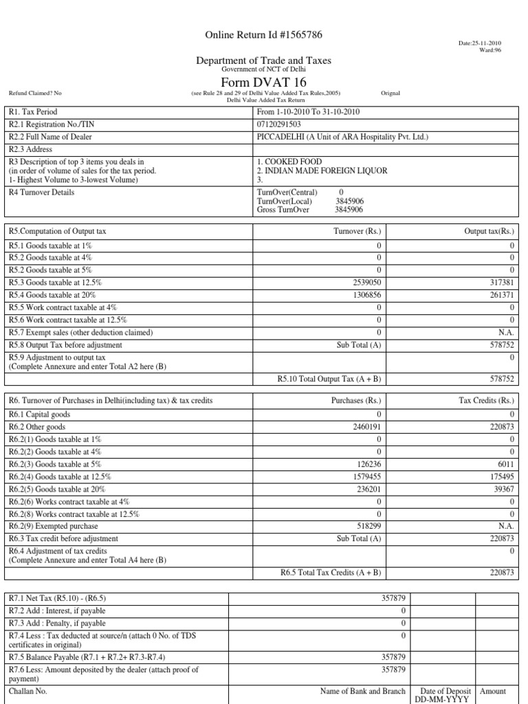 Form DVAT 16: Online Return Id #1565786 Department of Trade and Taxes ...
