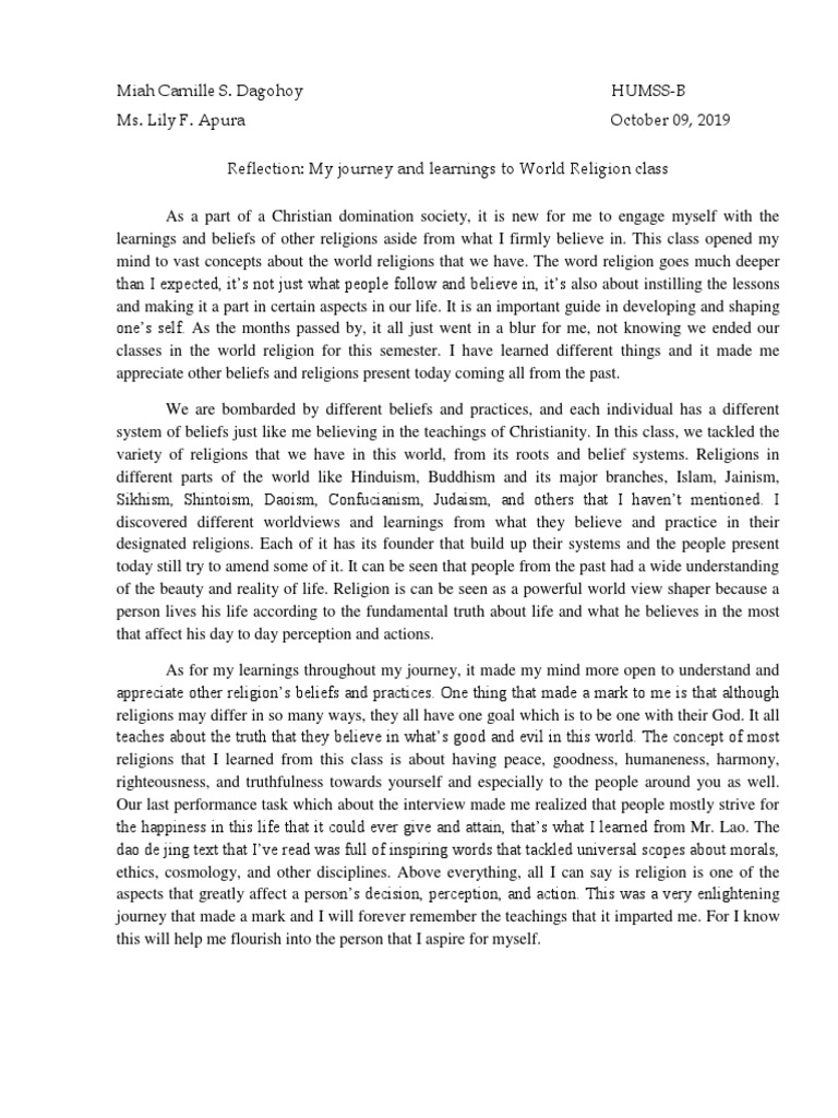 World Religion Reflection | PDF | Good And Evil | Metaphysics