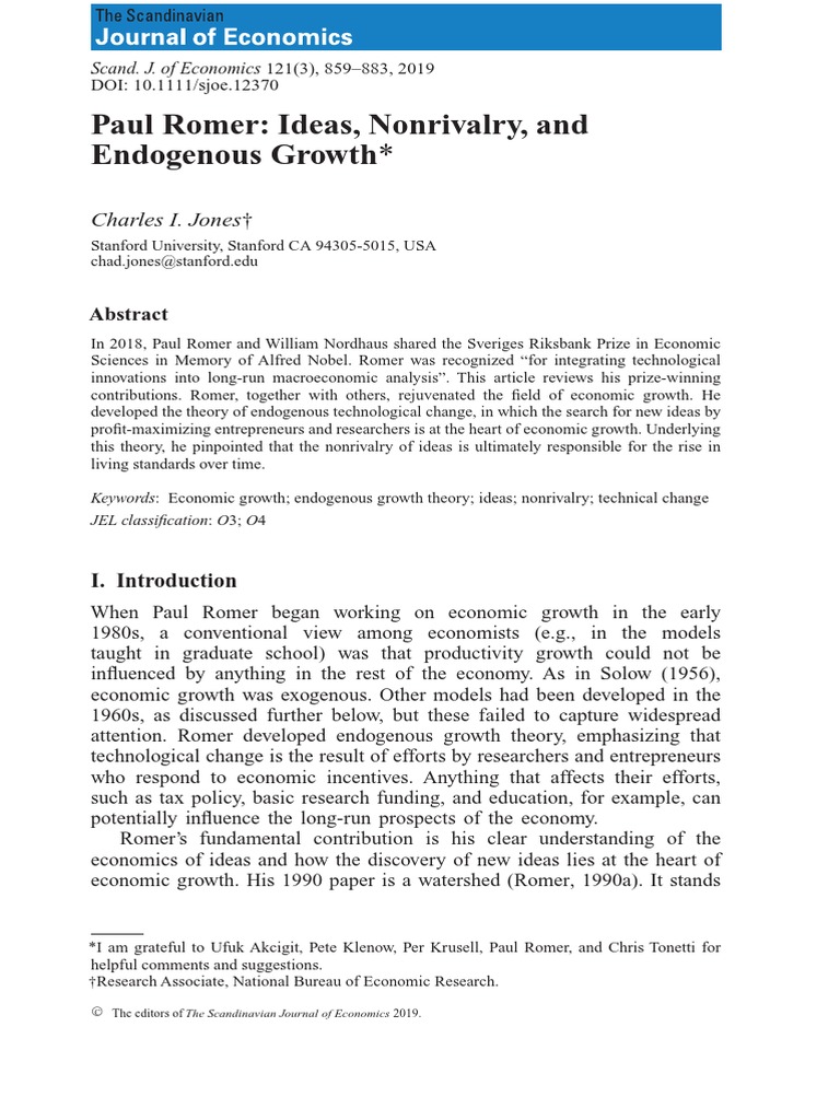 Paul Romer: Ideas, Nonrivalry, and Endogenous Growth | PDF | Economic ...