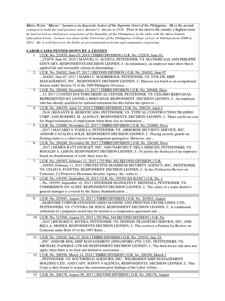 Labor Cases by J. Leonen | PDF | Supreme Courts | Government Institutions