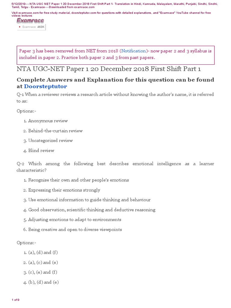 NET-Paper-1 Questions-20 Dec 2018 Combined First Shift | PDF