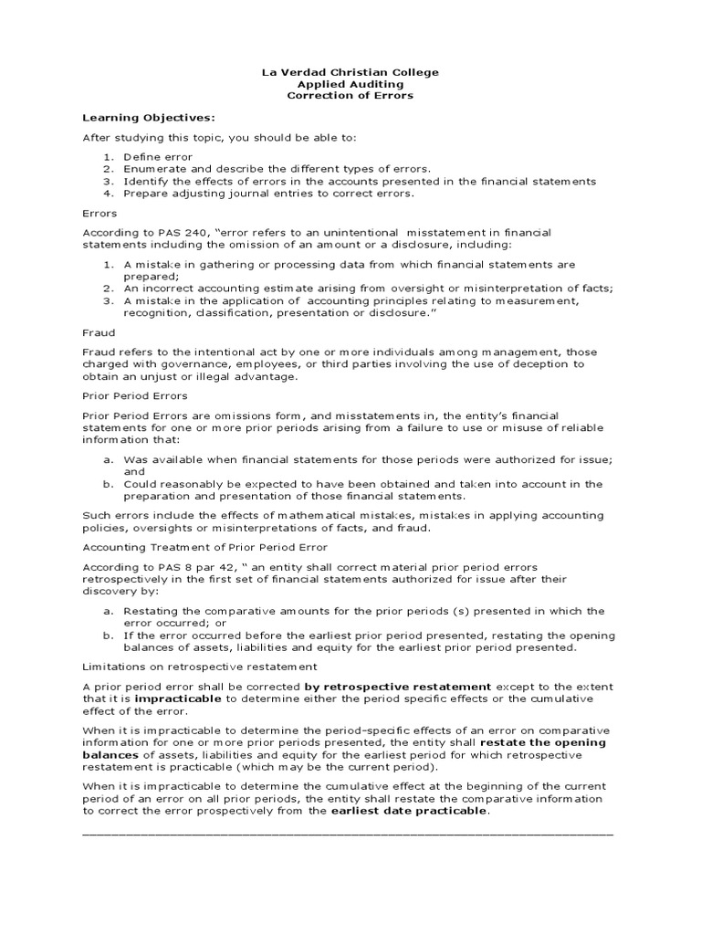 01 Correction Of Errors Pdf Expense Debits And Credits