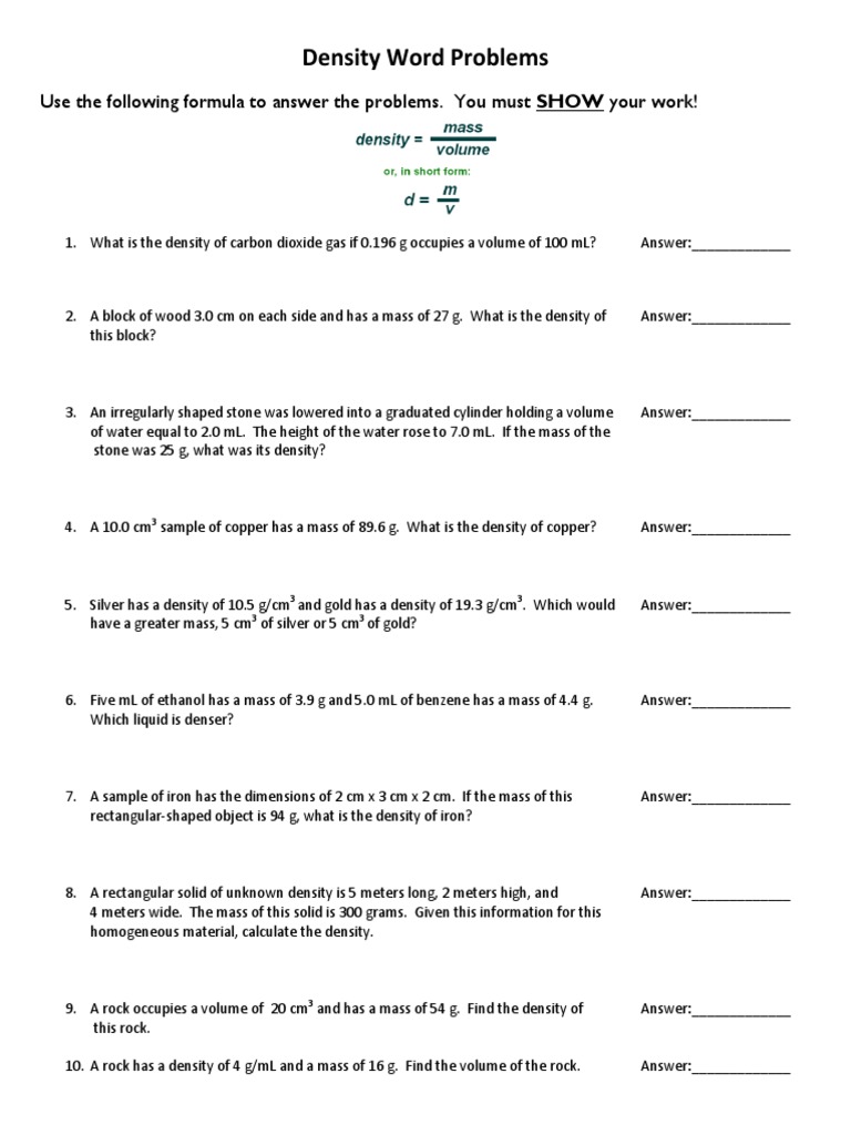 Density Word Problems and Solutions | PDF | Density | Volume