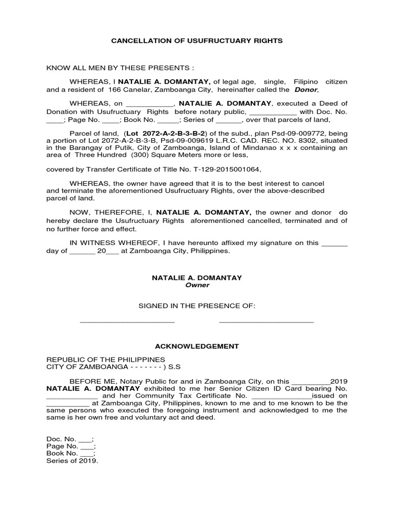 Cancellation of Usufructuary Rights-Domantay | PDF