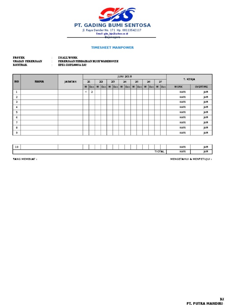 Timesheet for Blue Warehouse Project | PDF