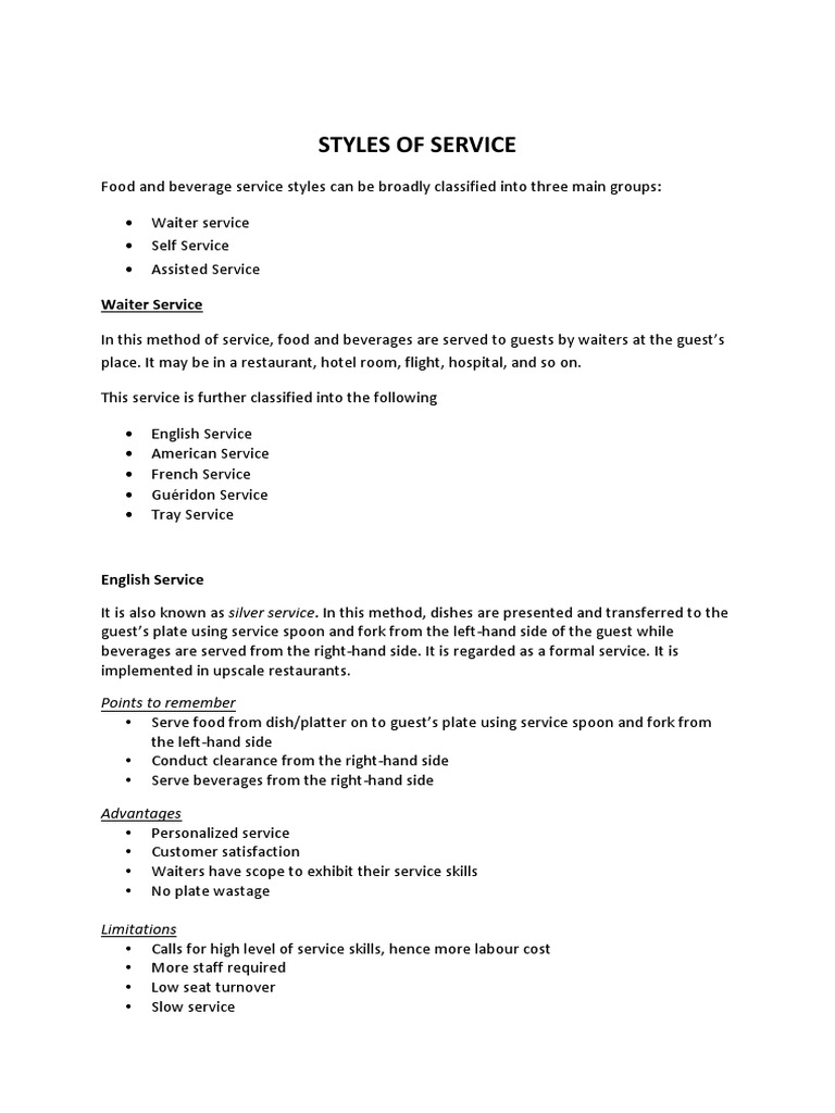Types of Service | PDF | Tableware | Buffet
