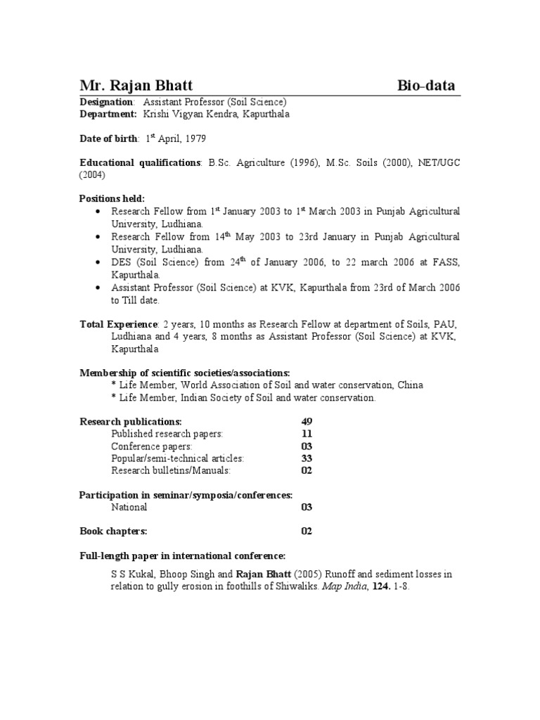 Mini Resume of Rajan Bhatt | Punjab | Agriculture