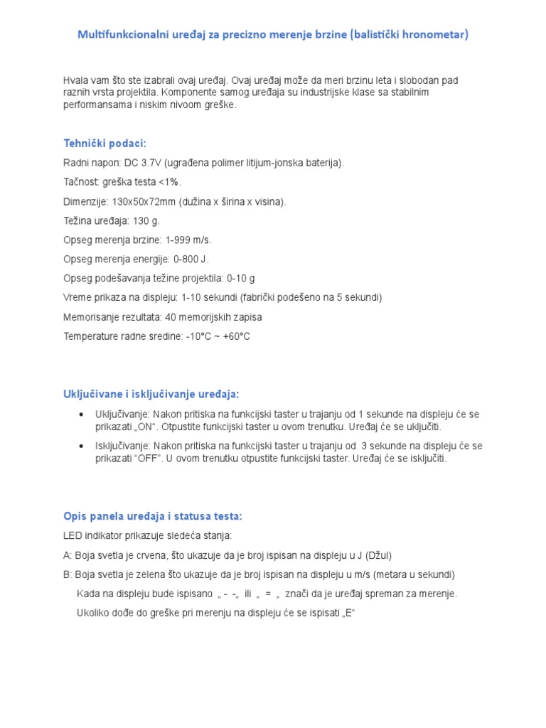 Multifunkcionalni uređaj za precizno merenje brzine - Chronograph - | PDF