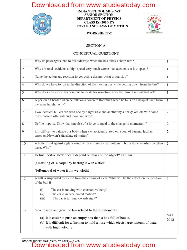 CBSE Class 9 Science Worksheet - Force and Laws of Motion | PDF | Force ...