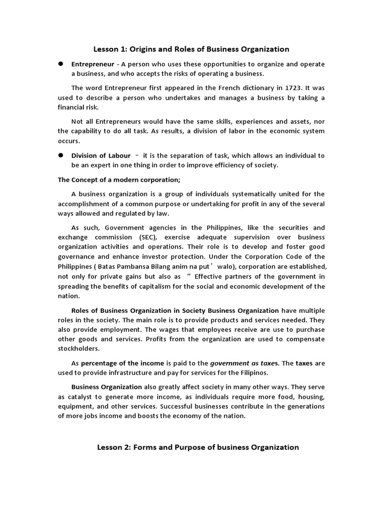 Lesson 1 Origins and Roles of Business Organization | PDF | Stocks ...