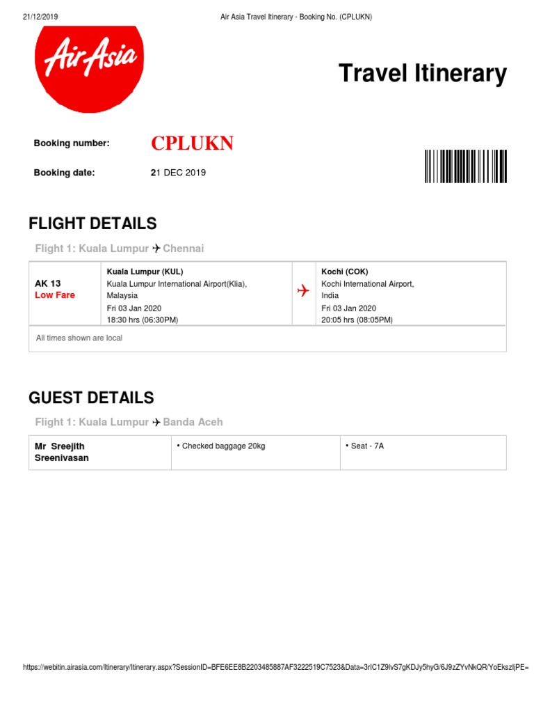 AirAsia Travel Itinerary Booking No CPLUKN | PDF