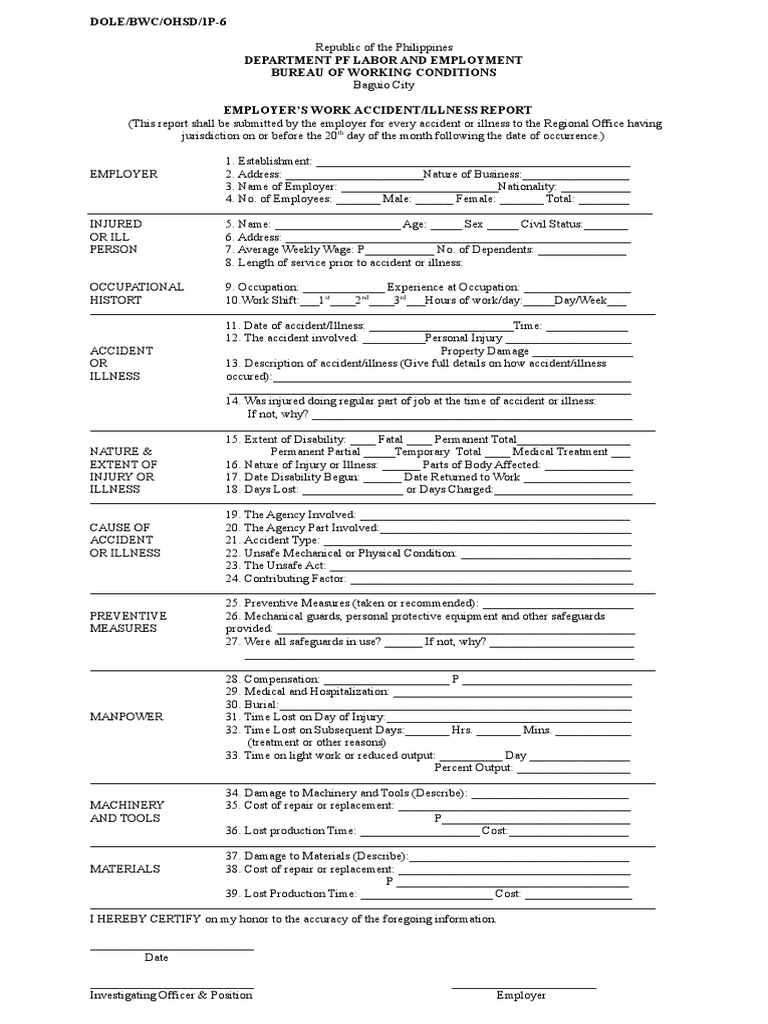 Employer's Work Accident - Illness Report Form (DOLE - BWC - OHSD - IP ...