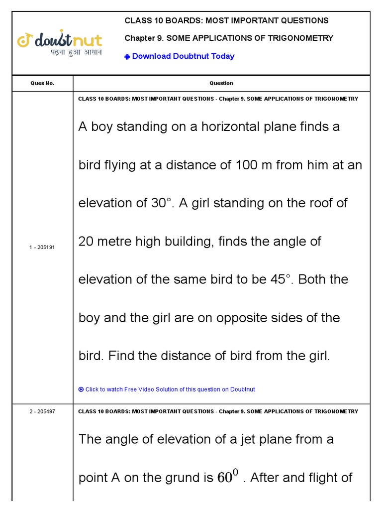 Trigonometry Applications for Class 10 | PDF | Airplane | Trigonometry