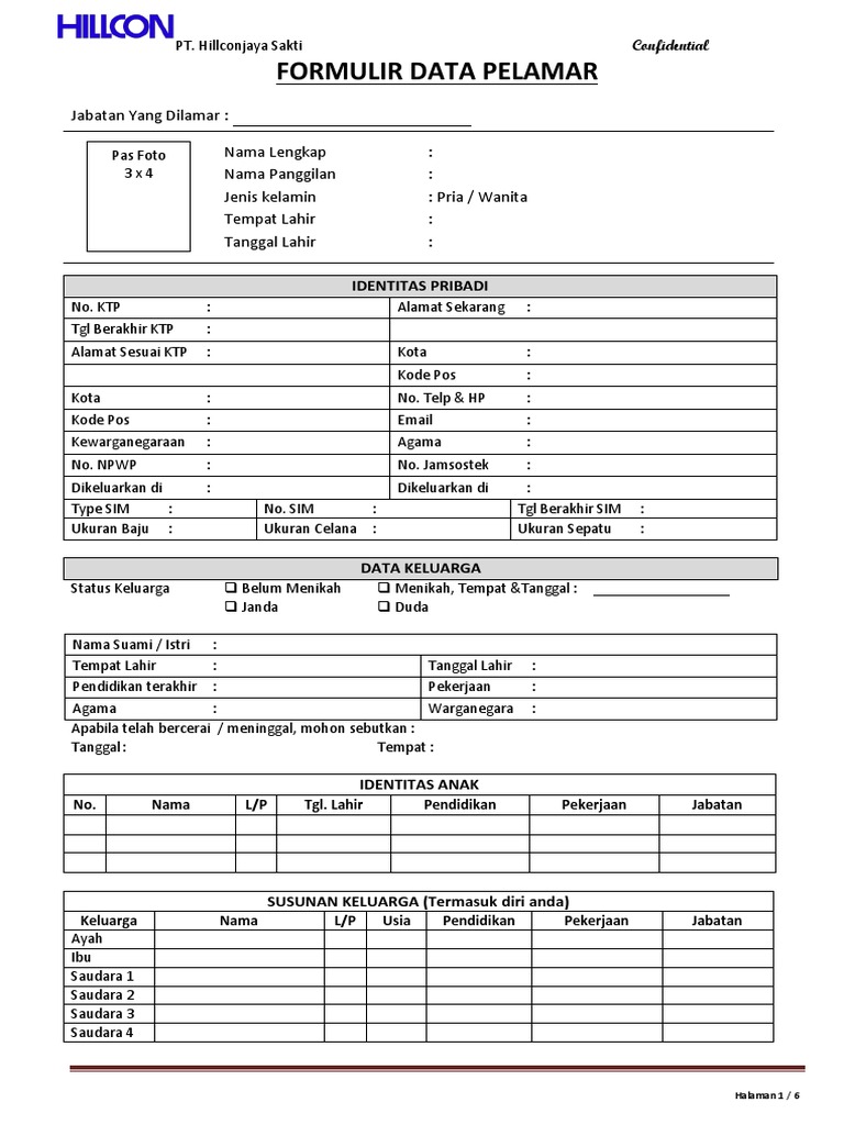 Formulir Data Pelamar Lengkap | PDF