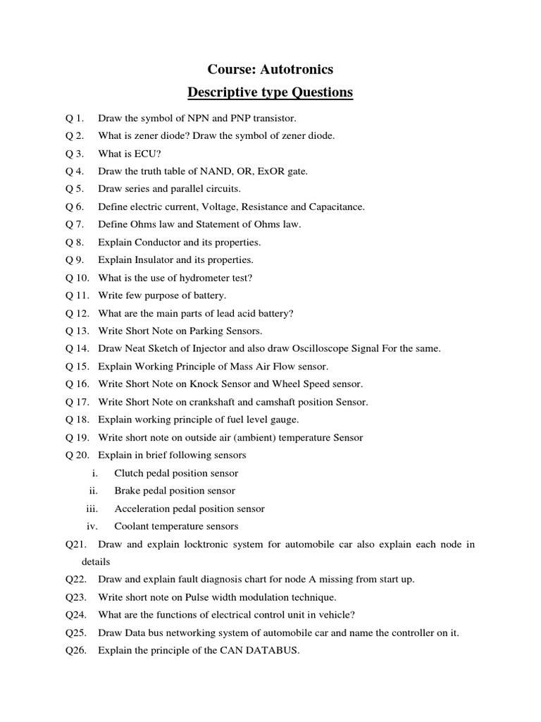Autotronics Course Questions | PDF | Bipolar Junction Transistor | Car