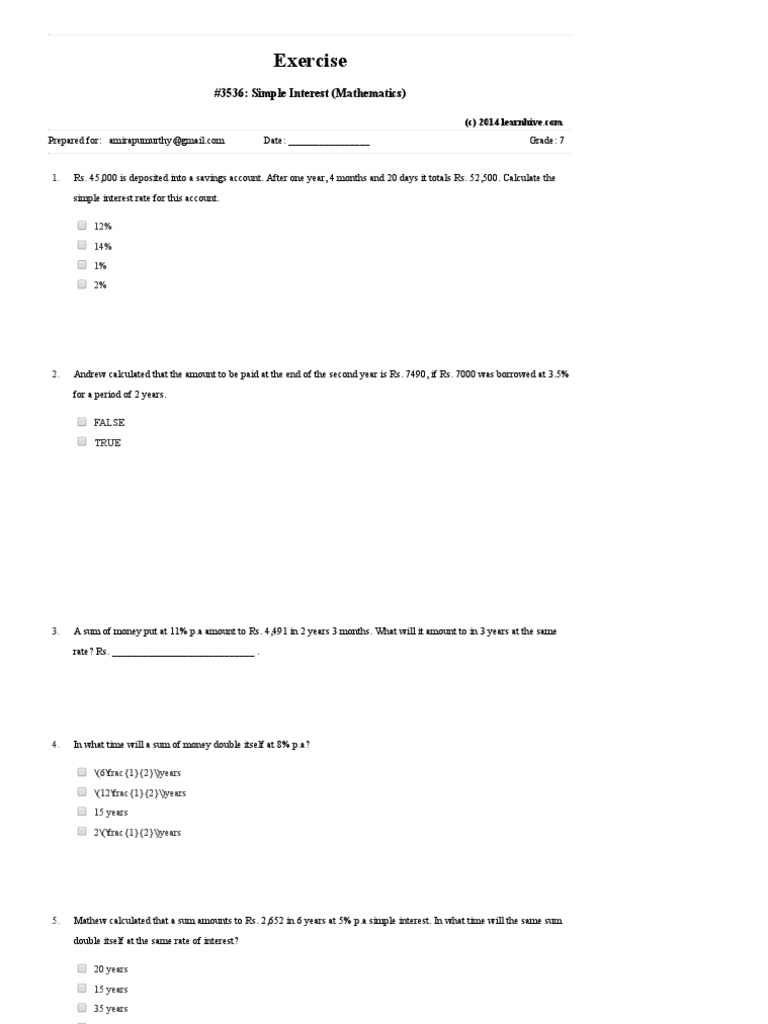 Exercise - Simple Interest | PDF | Personal Finance | Interest