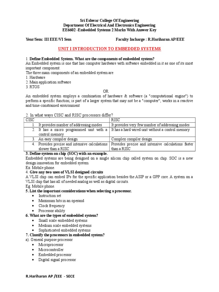 EE6602 2 Marks With Answer Key | PDF | Embedded System | Scheduling (Computing)