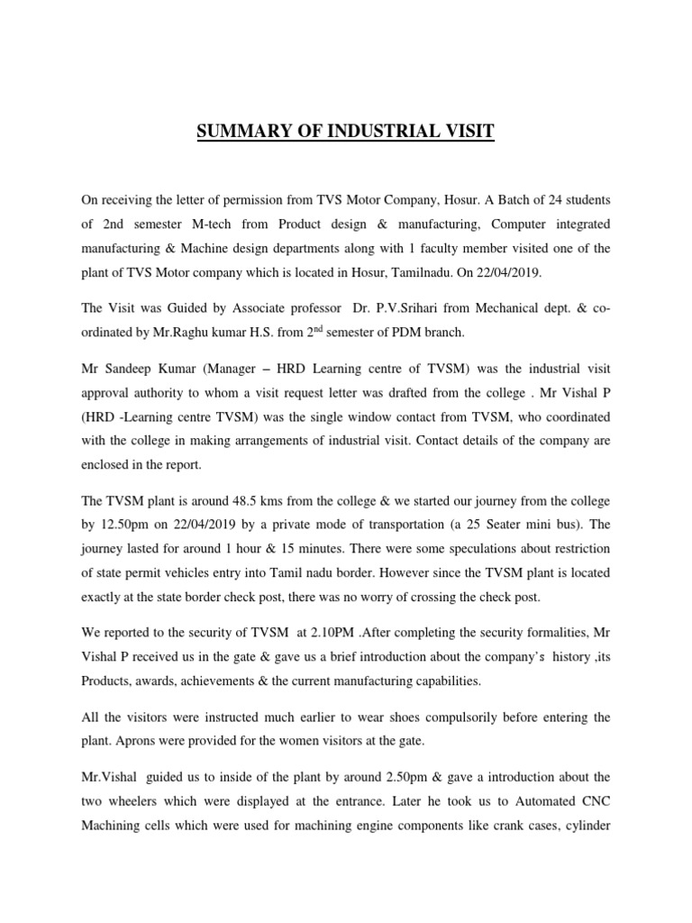 Industrial Visit Report | Download Free PDF | Automation | Machines