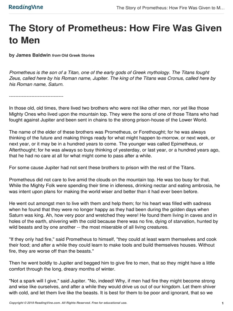 The Story of Prometheus - How Fire Was Given To Men PDF | PDF ...