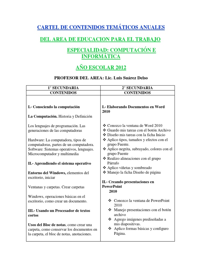 Programacion Anual Computacion | PDF | Microsoft Word | Microsoft Excel