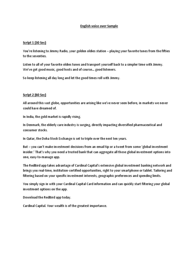 English Voice Over Sample Scripts | PDF | Business | Law