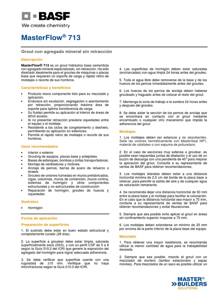 Masterflow 713 | PDF | Hormigón | Agua