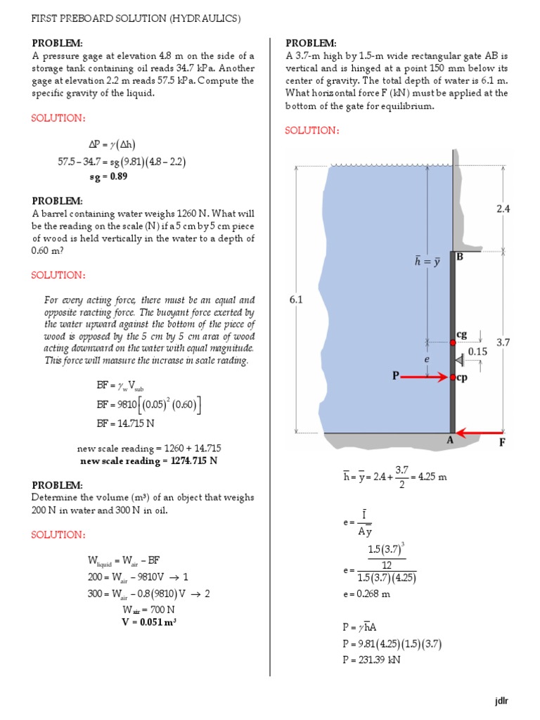 First Preboard Hyd SOLUTION | PDF | Force | Mass