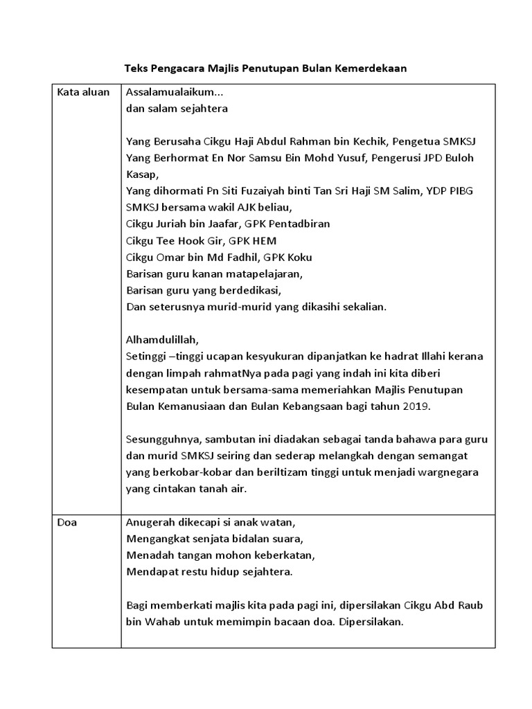 Teks Pengacara Majlis Penutupan Bulan Kemerdekaan | PDF Teks Pengacara Majlis Penutupan Bulan Kemerdekaan | PDF