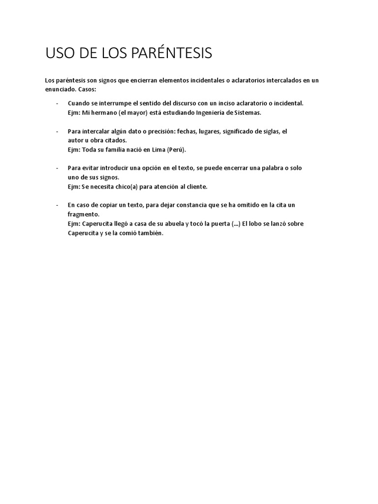 Uso de Los Paréntesis | PDF | Artes del Lenguaje y Comunicación ...