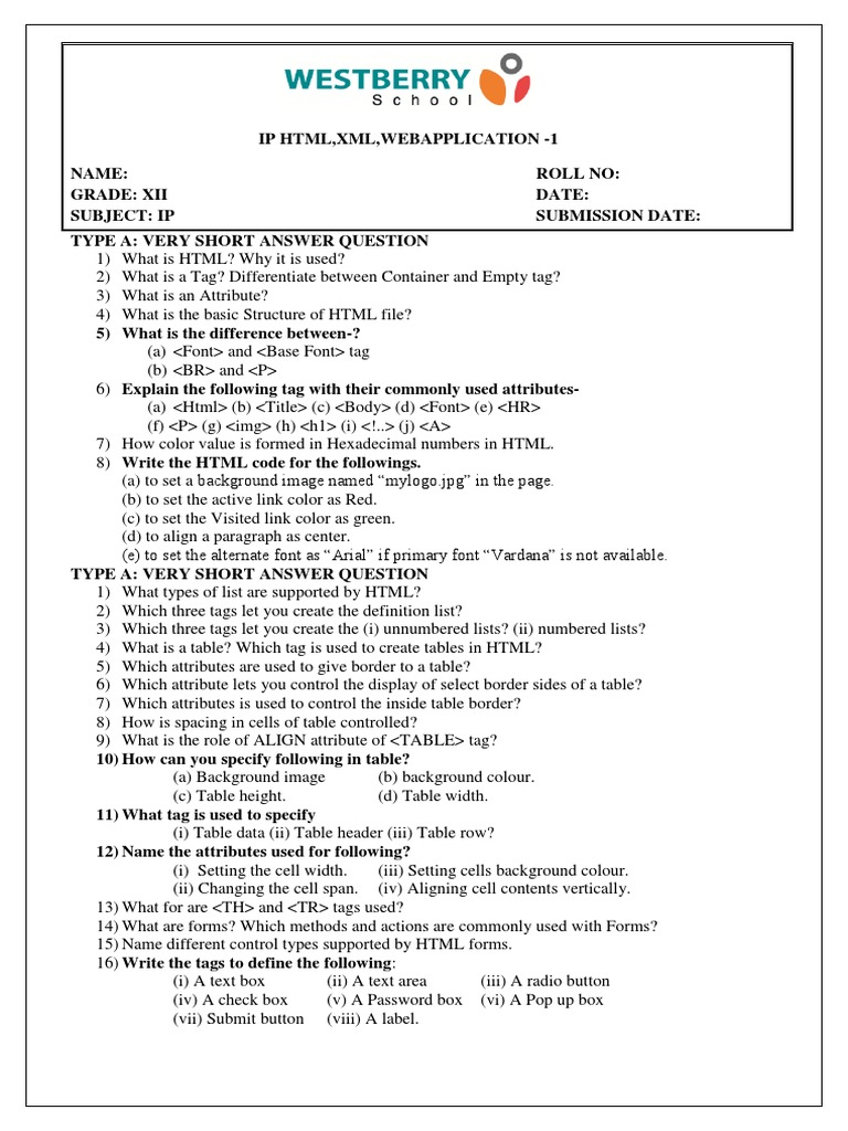 12th HTML Worksheet | PDF | Html Element | World Wide Web