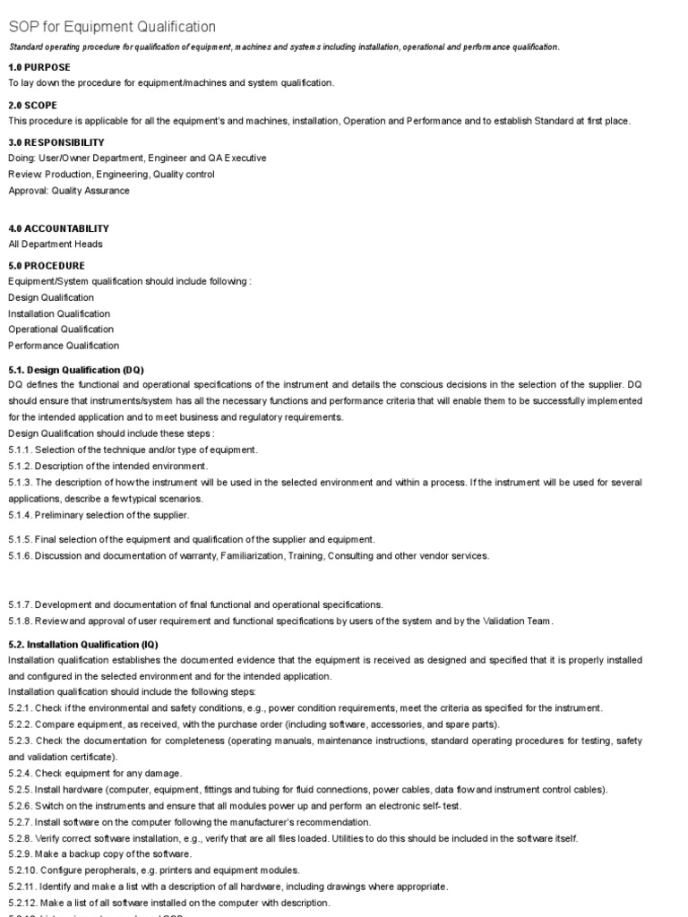 SOP For Equipment Qualification - Pharmaceutical Guidelines | PDF ...