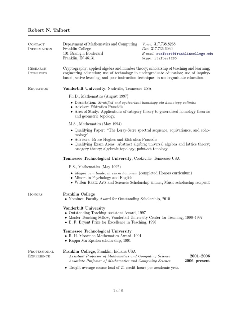 Robert Talbert, PHD Curriculum Vitae | PDF | Geometry | Cryptography