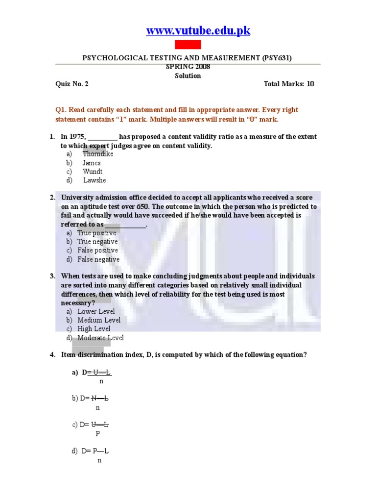 Psychological Testing & Measurements - PSY631 Spring 2008 Quiz 02 ...