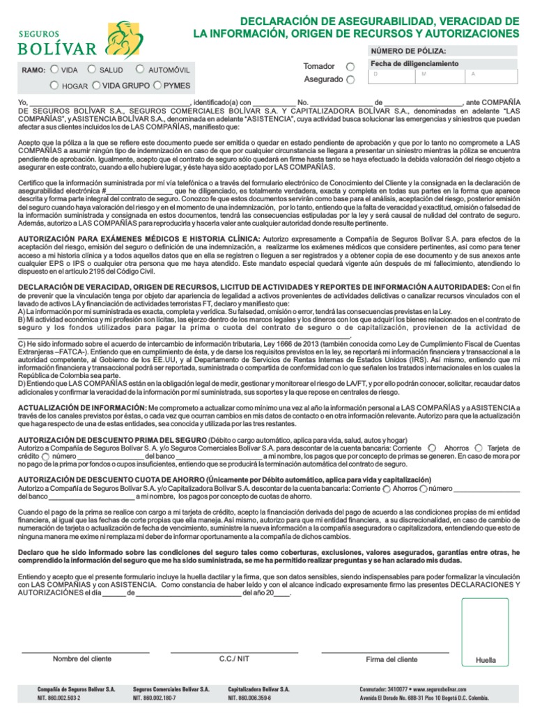 Declaración de Asegurabilidad Seguros Bolívar | PDF | Póliza de seguros | Seguro