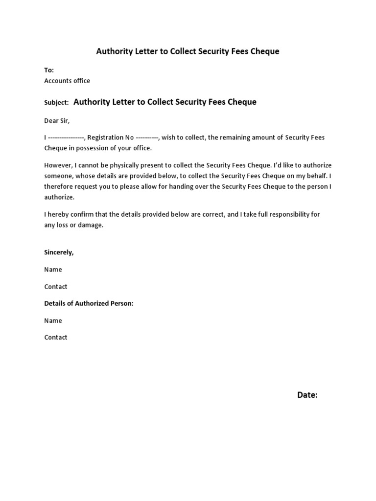 Authority Letter To Collect Security Fees Cheque | PDF
