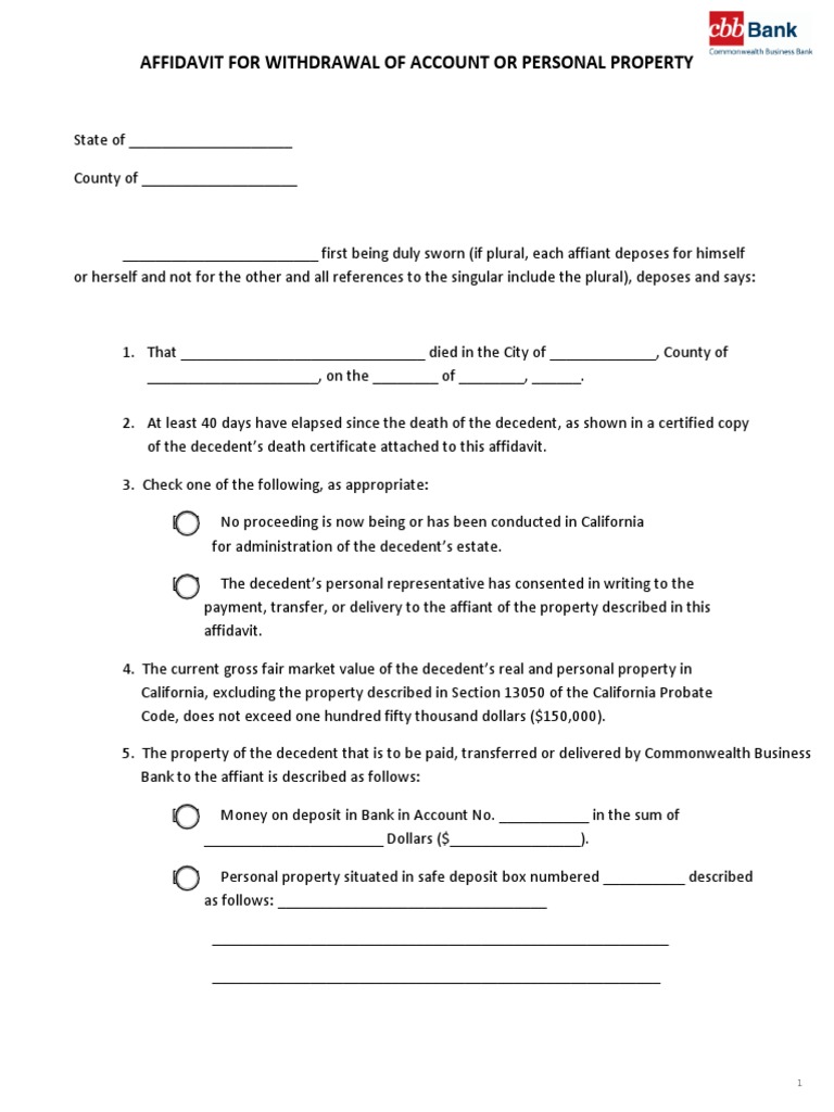 Affidavit of Withdrawal of Account | PDF | Affidavit | Probate