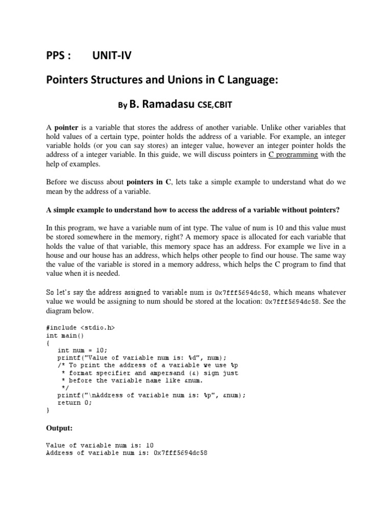 UNIT 4 1 Pointers Stuctures Unions PDF | PDF | Pointer (Computer Programming) | Data Type