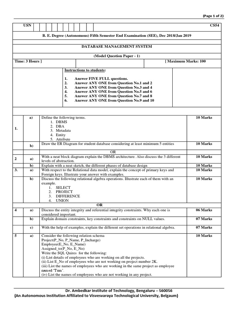 DBMS MQP's-1,2,3 PDF | PDF | Relational Model | Relational Database