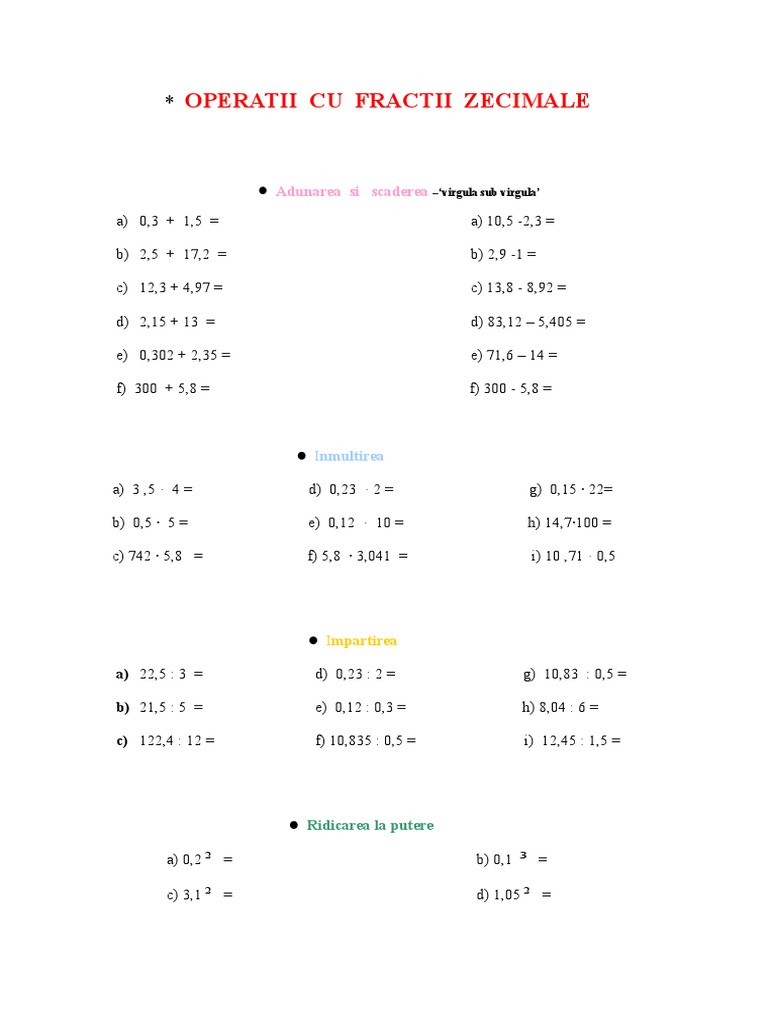Fisa 1 - Operatii Cu Fractii Zecimale | PDF