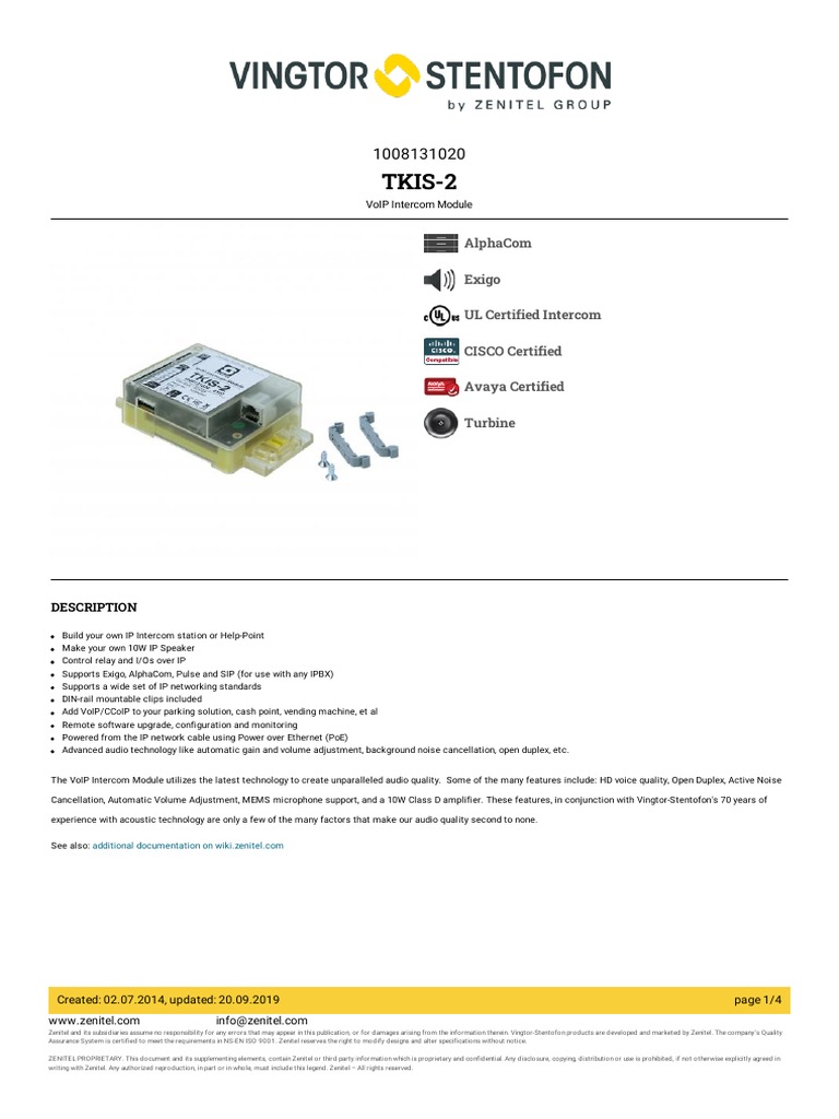 Zenitel TKIS 2 1008131020 | PDF | Microphone | Specification (Technical Standard)
