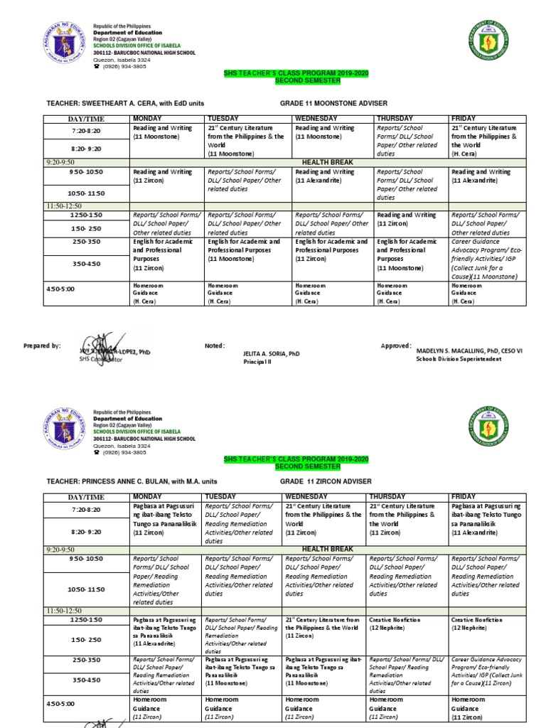 SHS Teachers Class Program 2019 2020 2ND Sem | PDF | Learning ...