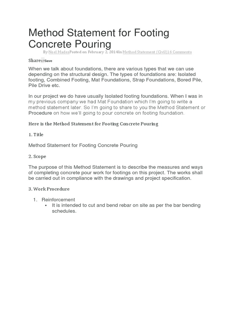 Method Statement for Footing Concrete Pour | PDF | Concrete | Deep Foundation