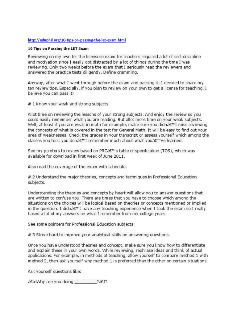 10 Tips On Passing The LET Exam | PDF | Test (Assessment) | Behavior ...