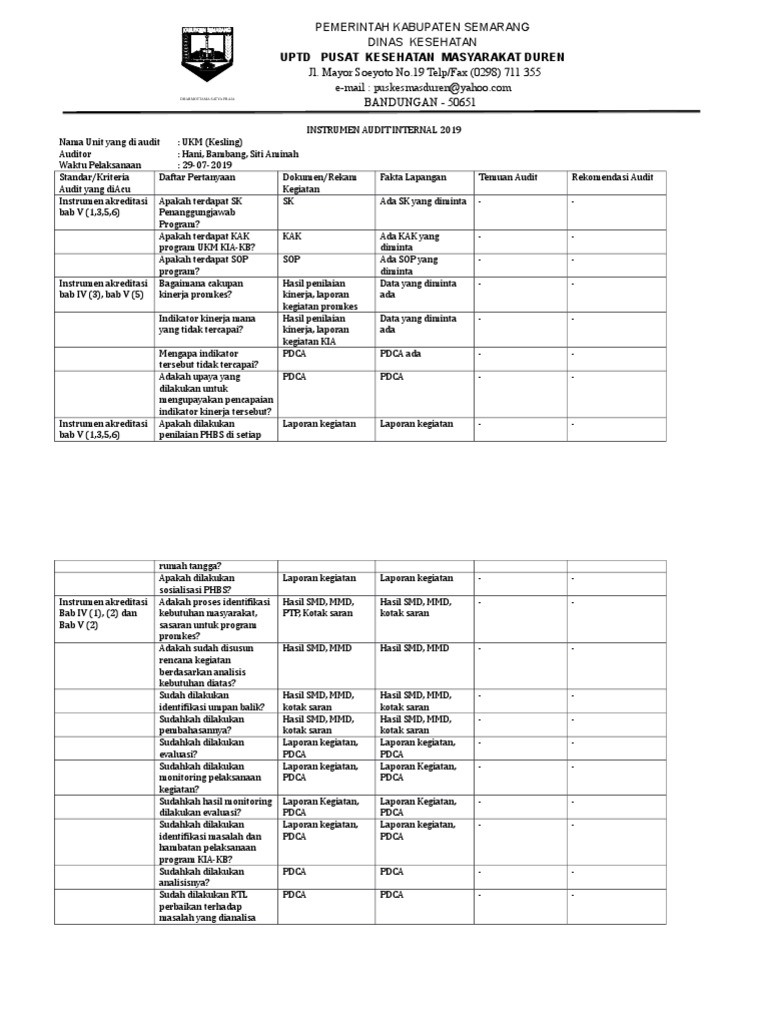 Instrumen Audit Internal 2019 Kesling | PDF