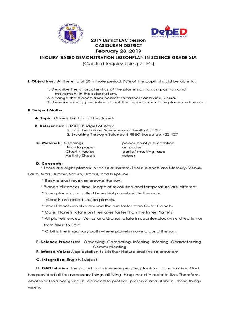 Demonstration Lesson Plan in Science 6 Inquiry-Based | PDF | The ...