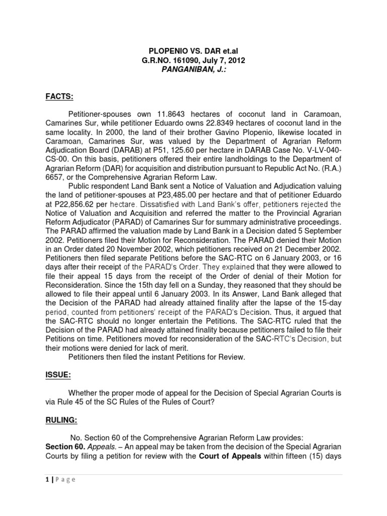 Plopenio Vs - Dar Case Digest | PDF | Appeal | Question Of Law