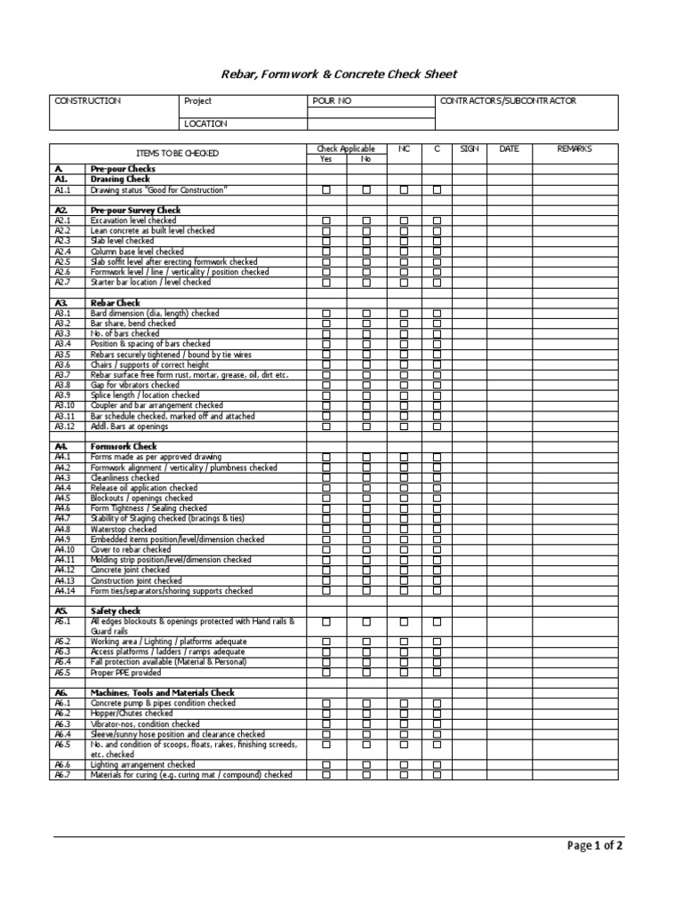 Rebar Formwork Concrete Check List | PDF | Concrete | Composite Material
